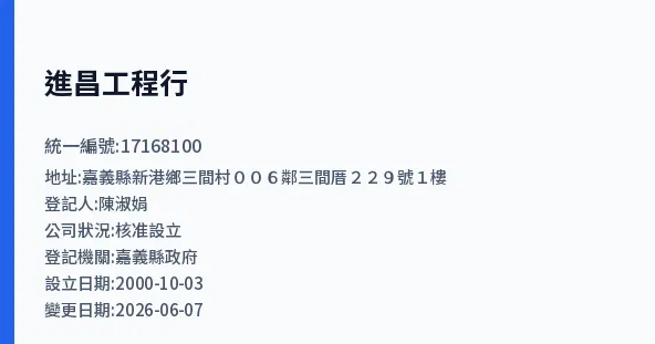 進昌工程行的照片-統編 17168100(嘉義縣) 公司登記資料與營業項目詳細圖表