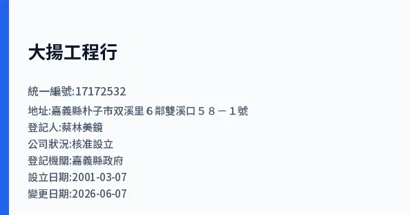 大揚工程行的照片-統編 17172532(嘉義縣) 公司登記資料與營業項目詳細圖表