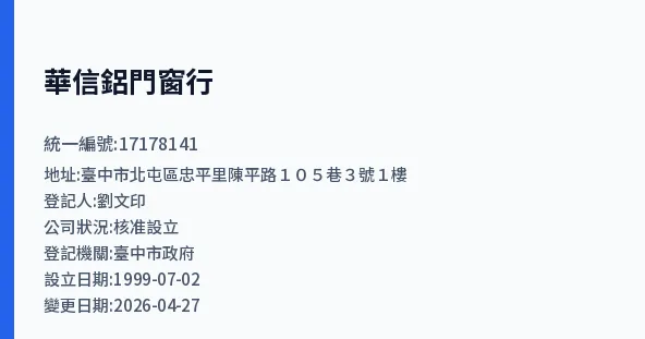 華信鋁門窗行的照片-統編 17178141(臺中市) 公司登記資料與營業項目詳細圖表
