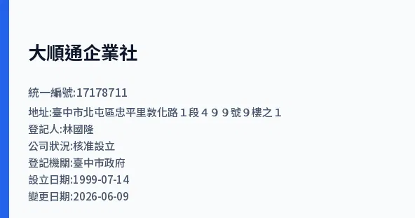 大順通企業社的照片-統編 17178711(臺中市) 公司登記資料與營業項目詳細圖表