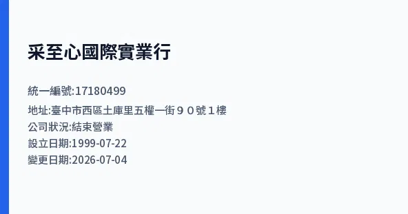 采至心國際實業行的照片-統編 17180499(臺中市) 公司登記資料與營業項目詳細圖表