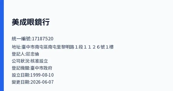 美成眼鏡行的照片-統編 17187520(臺中市) 公司登記資料與營業項目詳細圖表