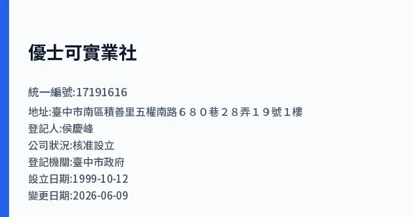 優士可實業社的照片-統編 17191616(臺中市) 公司登記資料與營業項目詳細圖表