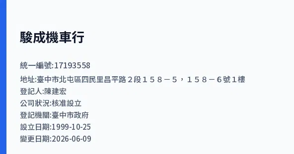駿成機車行的照片-統編 17193558(臺中市) 公司登記資料與營業項目詳細圖表