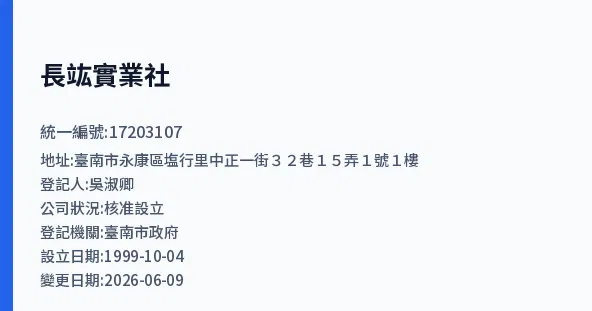 長竑實業社的照片-統編 17203107(臺南市) 公司登記資料與營業項目詳細圖表