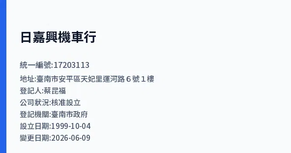 日嘉興機車行的照片-統編 17203113(臺南市) 公司登記資料與營業項目詳細圖表