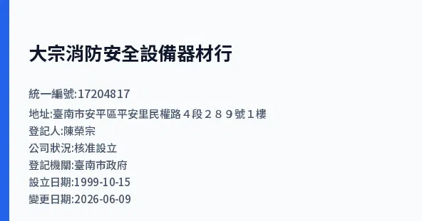 大宗消防安全設備器材行的照片-統編 17204817(臺南市) 公司登記資料與營業項目詳細圖表