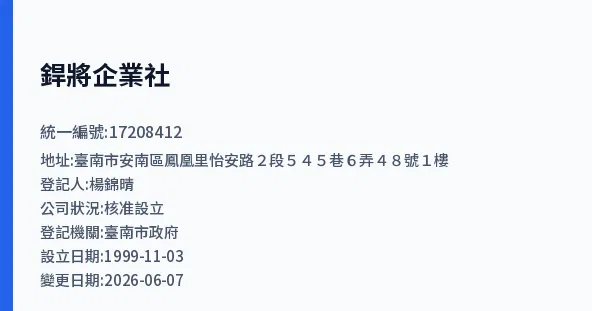 銲將企業社的照片-統編 17208412(臺南市) 公司登記資料與營業項目詳細圖表
