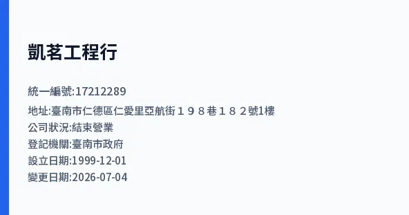 凱茗工程行的照片-統編 17212289(臺南市) 公司登記資料與營業項目詳細圖表