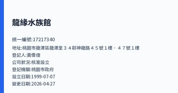 龍緣水族館的照片-統編 17217340(桃園市) 公司登記資料與營業項目詳細圖表