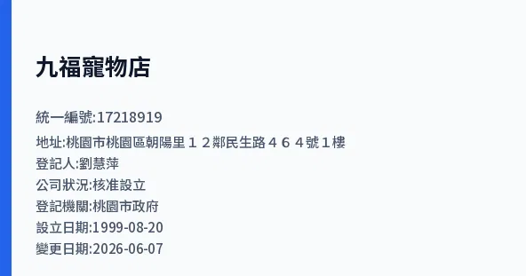 九福寵物店的照片-統編 17218919(桃園市) 公司登記資料與營業項目詳細圖表