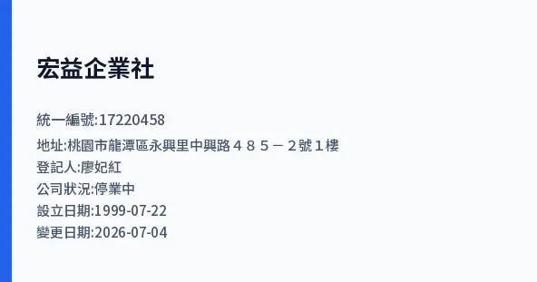 宏益企業社的照片-統編 17220458(桃園市) 公司登記資料與營業項目詳細圖表