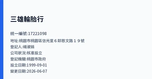 三雄輪胎行的照片-統編 17221098(桃園市) 公司登記資料與營業項目詳細圖表