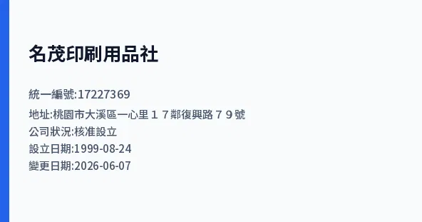 名茂印刷用品社的照片-統編 17227369(桃園市) 公司登記資料與營業項目詳細圖表