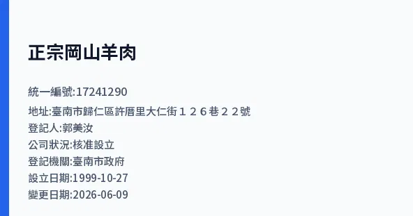 正宗岡山羊肉的照片-統編 17241290(臺南市) 公司登記資料與營業項目詳細圖表