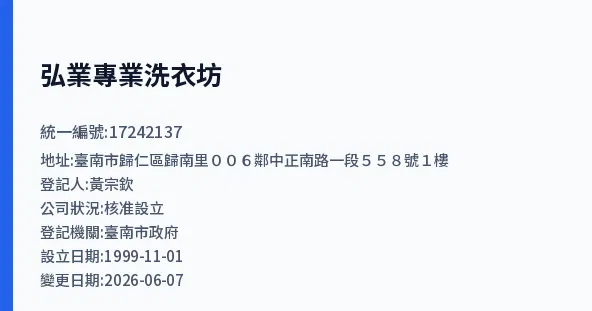 弘業專業洗衣坊的照片-統編 17242137(臺南市) 公司登記資料與營業項目詳細圖表