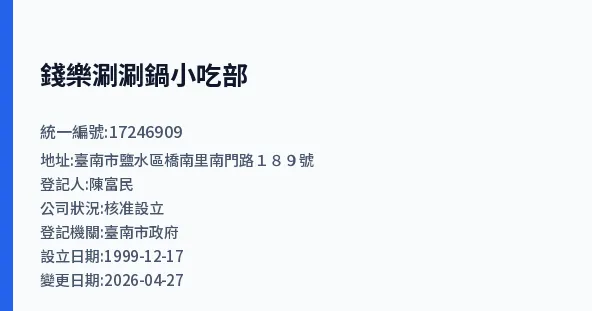 錢樂涮涮鍋小吃部的照片-統編 17246909(臺南市) 公司登記資料與營業項目詳細圖表