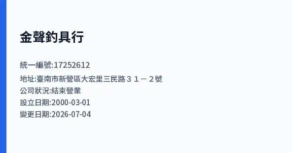 金聲釣具行的照片-統編 17252612(臺南市) 公司登記資料與營業項目詳細圖表