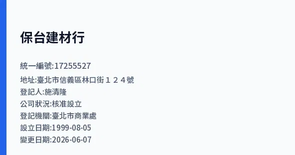 保台建材行的照片-統編 17255527(臺北市) 公司登記資料與營業項目詳細圖表