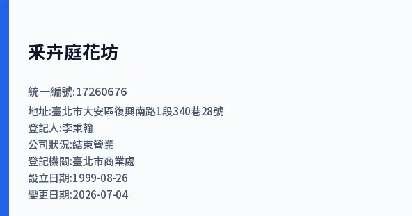 釆卉庭花坊的照片-統編 17260676(臺北市) 公司登記資料與營業項目詳細圖表