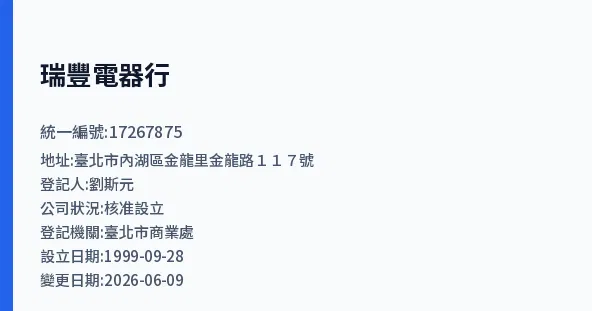 瑞豐電器行的照片-統編 17267875(臺北市) 公司登記資料與營業項目詳細圖表