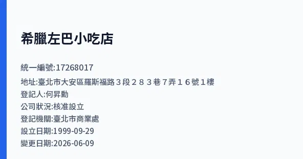 希臘左巴小吃店的照片-統編 17268017(臺北市) 公司登記資料與營業項目詳細圖表