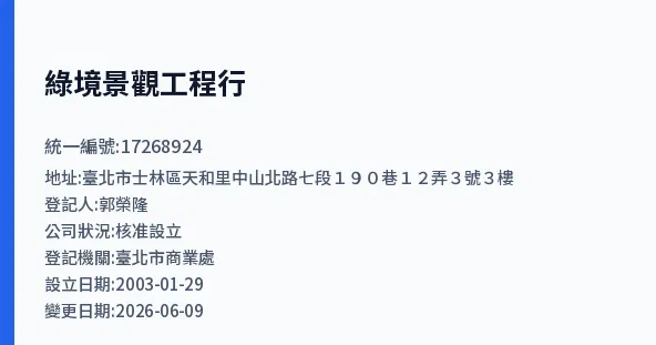 綠境景觀工程行的照片-統編 17268924(臺北市) 公司登記資料與營業項目詳細圖表