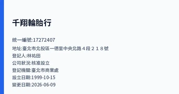 千翔輪胎行的照片-統編 17272407(臺北市) 公司登記資料與營業項目詳細圖表