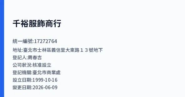千裕服飾商行的照片-統編 17272764(臺北市) 公司登記資料與營業項目詳細圖表