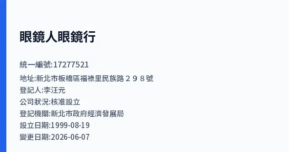 眼鏡人眼鏡行的照片-統編 17277521(新北市) 公司登記資料與營業項目詳細圖表