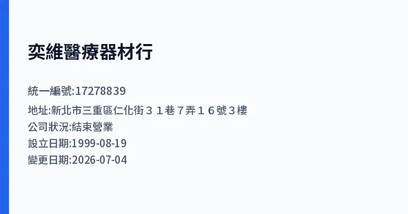 奕維醫療器材行的照片-統編 17278839(新北市) 公司登記資料與營業項目詳細圖表