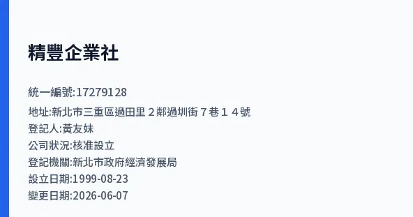 精豐企業社的照片-統編 17279128(新北市) 公司登記資料與營業項目詳細圖表