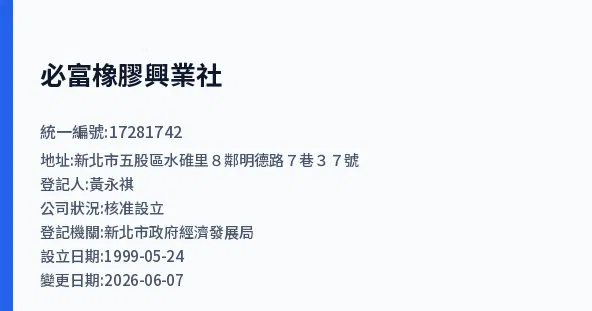 必富橡膠興業社的照片-統編 17281742(新北市) 公司登記資料與營業項目詳細圖表