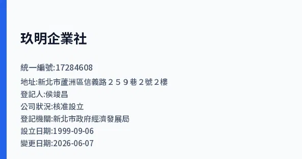 玖明企業社的照片-統編 17284608(新北市) 公司登記資料與營業項目詳細圖表