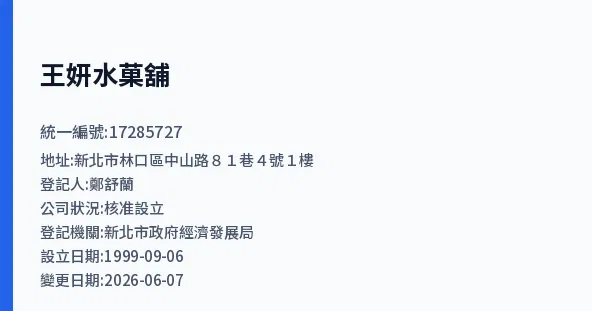 王妍水菓舖的照片-統編 17285727(新北市) 公司登記資料與營業項目詳細圖表