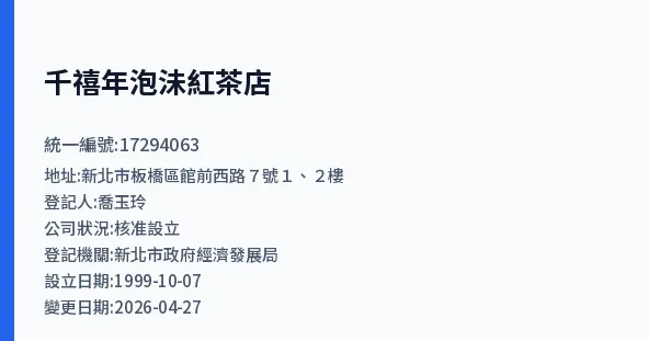 千禧年泡沬紅茶店的照片-統編 17294063(新北市) 公司登記資料與營業項目詳細圖表