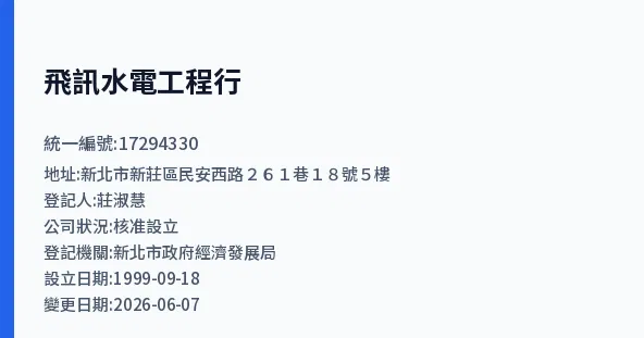 飛訊水電工程行的照片-統編 17294330(新北市) 公司登記資料與營業項目詳細圖表