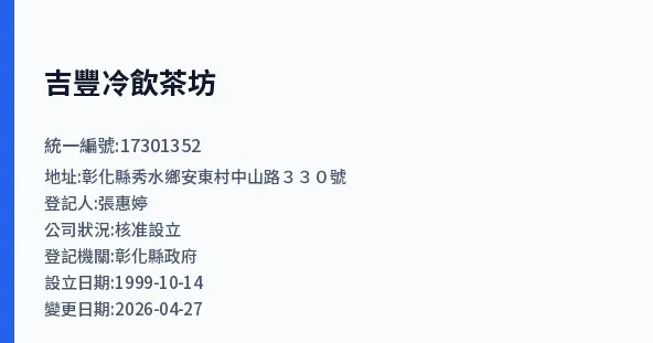 吉豐冷飲茶坊的照片-統編 17301352(彰化縣) 公司登記資料與營業項目詳細圖表