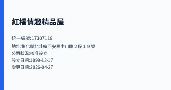 紅橋情趣精品屋的照片-統編 17307118(彰化縣) 公司登記資料與營業項目詳細圖表