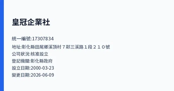 皇冠企業社的照片-統編 17307834(彰化縣) 公司登記資料與營業項目詳細圖表