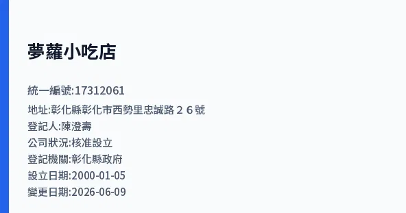 夢蘿小吃店的照片-統編 17312061(彰化縣) 公司登記資料與營業項目詳細圖表