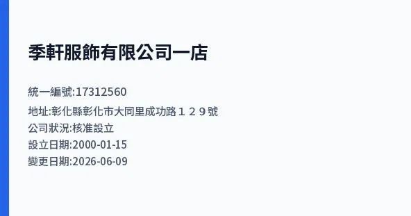 季軒服飾有限公司一店的照片-統編 17312560(彰化縣) 公司登記資料與營業項目詳細圖表