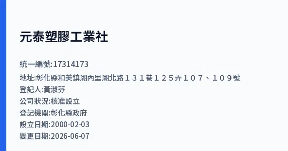 元泰塑膠工業社的照片-統編 17314173(彰化縣) 公司登記資料與營業項目詳細圖表
