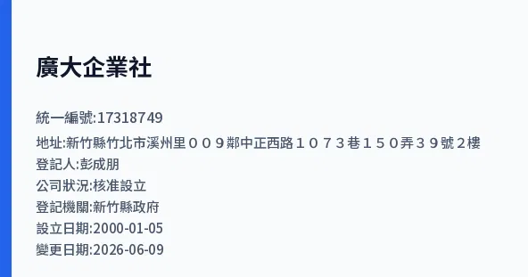 廣大企業社的照片-統編 17318749(新竹縣) 公司登記資料與營業項目詳細圖表