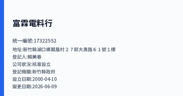 富霖電料行的照片-統編 17322552(新竹縣) 公司登記資料與營業項目詳細圖表