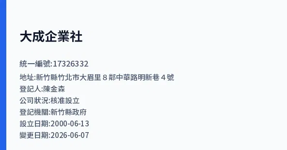大成企業社的照片-統編 17326332(新竹縣) 公司登記資料與營業項目詳細圖表