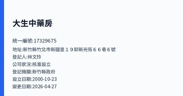 大生中藥房的照片-統編 17329675(新竹縣) 公司登記資料與營業項目詳細圖表