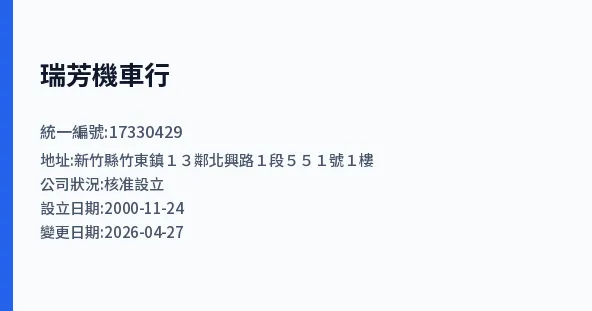 瑞芳機車行的照片-統編 17330429(新竹縣) 公司登記資料與營業項目詳細圖表