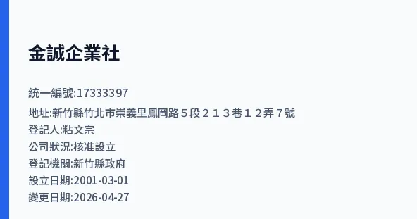 金誠企業社的照片-統編 17333397(新竹縣) 公司登記資料與營業項目詳細圖表