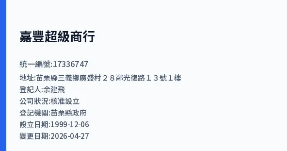 嘉豐超級商行的照片-統編 17336747(苗栗縣) 公司登記資料與營業項目詳細圖表